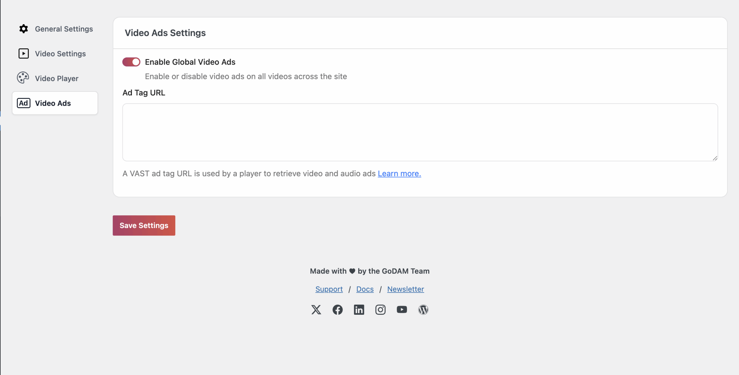 Global Video Ads Settings - GoDAM